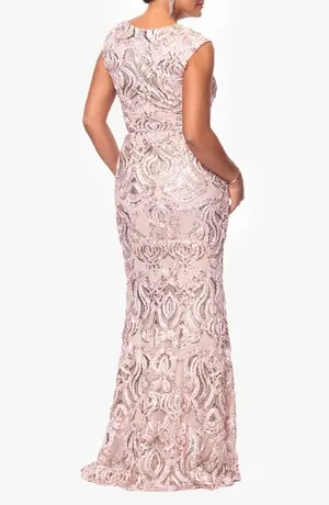 XSCAPE EVENINGS Sequin Floral Appliqué Sheath Gown