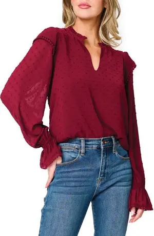 GIBSONLOOK Holly Swiss Dot Ruffle Top - Wine