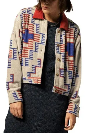 Brixton Trail Terry Crop Trucker Jacket - Electronic Indigo Pattern