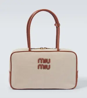 Miu Miu Logo Leather-trimmed Canvas Tote Bag - Neutrals