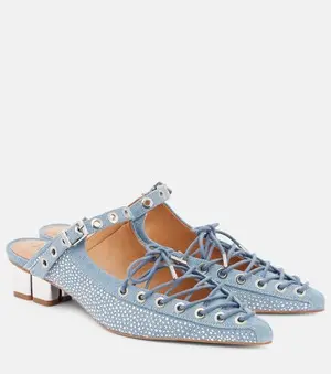 GANNI Embellished Lace-up Denim Mules - Blue