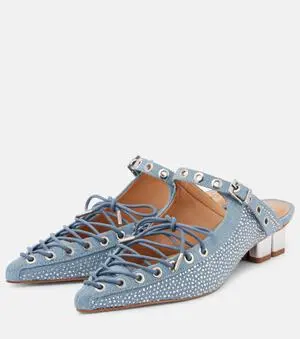 GANNI Embellished Lace-up Denim Mules