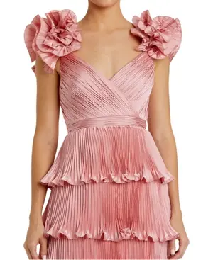 Mac Duggal Pleated Charmeuse Tiered Gown With Ruffle Straps - Rose