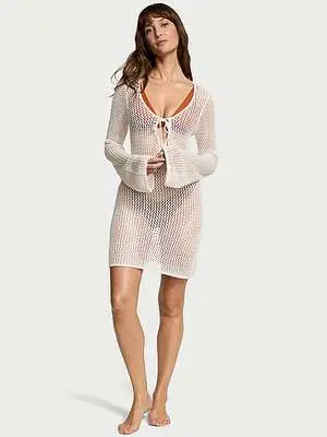 Victoria's Secret Swim Beachwear Crochet Long-sleeve Mini Dress - Beige