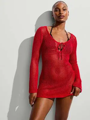 Victoria's Secret Swim Beachwear Crochet Long-sleeve Mini Dress - Red