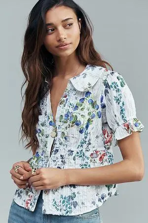 PILCRO Keira Waisted Tuxedo-front Blouse - Ivory Pattern