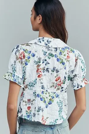 PILCRO Keira Waisted Tuxedo-front Blouse - Ivory Pattern