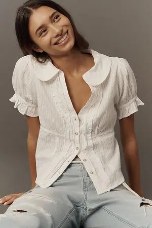 PILCRO Keira Waisted Tuxedo Blouse - White