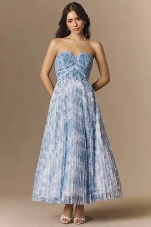 HUTCH Corene Strapless Floral Tulle A-line Midi Dress - Light Blue