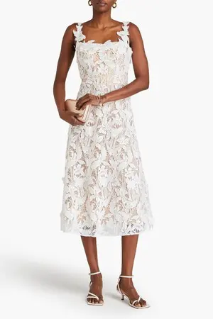 Marchesa Flared Guipure Lace Midi Dress - White