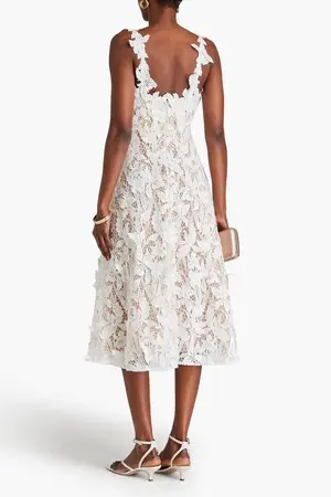 Marchesa Flared Guipure Lace Midi Dress - White