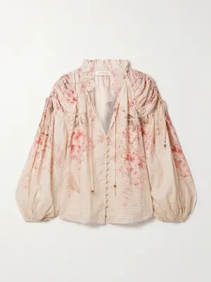 Zimmermann Illuminate Gathered Printed Ramie Blouse