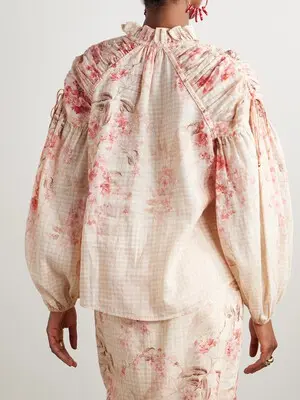 Zimmermann Illuminate Gathered Printed Ramie Blouse