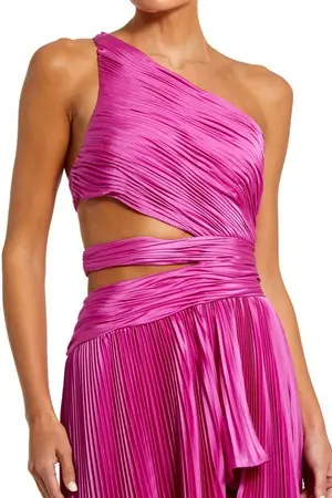 Mac Duggal One-shoulder Pleated Charmeuse Gown With Slit - Fuchsia