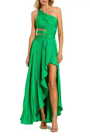 Mac Duggal One-shoulder Pleated Charmeuse Gown With Slit - Spring Green