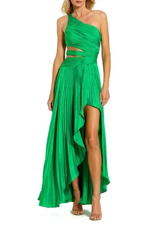 Mac Duggal One-shoulder Pleated Charmeuse Gown With Slit - Spring Green