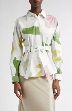 Max Mara Quiete Abstract Print Cotton Belted Shirt - White