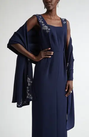 St. John Satin Back Crepe Gown With Bow And Shawl