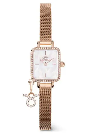 DANIEL WELLINGTON Quadro Mini Charm Mesh Strap Watch - Rose Gold