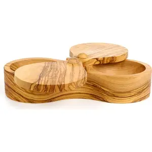 BERARD France Olive Wood Double Salt Keeper And Spice Box - Brown
