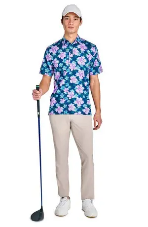 CON.STRUCT Regular Fit Layered Hibiscus Recycled Performance Golf Polo - Navy/purple