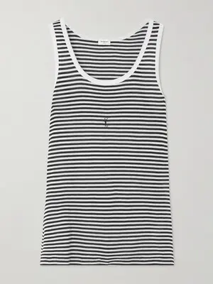 Saint Laurent Embroidered Striped Cotton Tank - Black