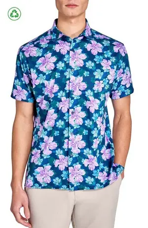 CON.STRUCT Regular Fit Layered Hibiscus Recycled Performance Golf Button-down Shirt - Navy/purple