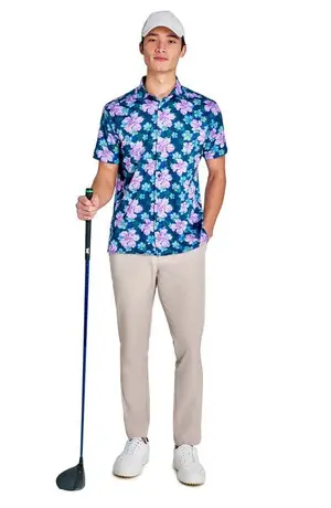 CON.STRUCT Regular Fit Layered Hibiscus Recycled Performance Golf Button-down Shirt - Navy/purple