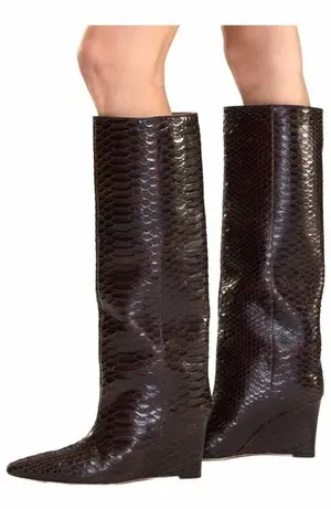 Cynthia Rowley Embossed Leather Wedge Boots - Brown