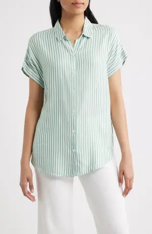 BEACHLUNCHLOUNGE Kenzie Stripe Short Sleeve Shirt - Green Sage