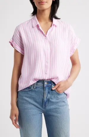 BEACHLUNCHLOUNGE Kenzie Stripe Short Sleeve Shirt - Ocean Pink