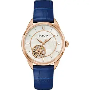 Bulova Sutton Automatic Leather Strap Watch - Blue/rose Goldone