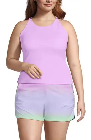 LANDS' END LANDS' END Tugless High Neck Strappy Back Tankini Swimsuit Top Wild Lilac