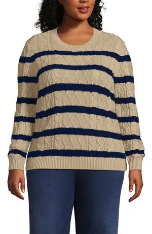 LANDS' END Cotton Drifter Crew Cable Pullover Sweater - Champagne/deep Sea Gulf Stripe
