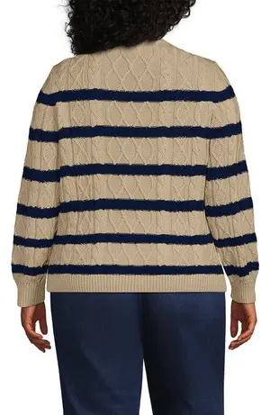 LANDS' END Cotton Drifter Crew Cable Pullover Sweater - Champagne/deep Sea Gulf Stripe