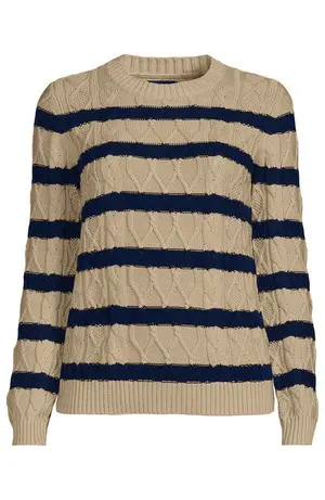 LANDS' END Cotton Drifter Crew Cable Pullover Sweater - Champagne/deep Sea Gulf Stripe
