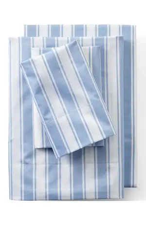 LANDS' END 400 Thread Count Premium Supima Cotton No Iron Sateen Bed Sheet Set - Light Sea Blue Sail Stripes