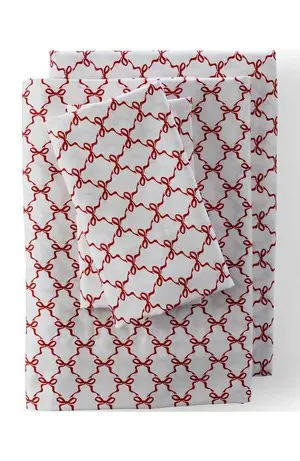LANDS' END Supima Cotton No Iron Sateen Printed Pillowcases400 Thread Count Compass Red Bows