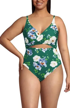 LANDS' END Wrap Monokini One Piece Swimsuit - Island Emerald Petunia Floral