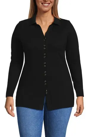 LANDS' END Long Sleeve Polished Rib Button Through Tunic Shirt - Black