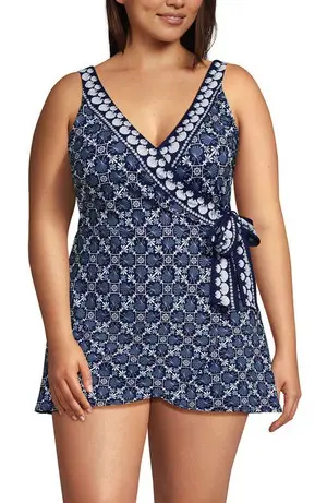LANDS' END Side Tie Mini Swim Dress - Seashell Geo/navy Border