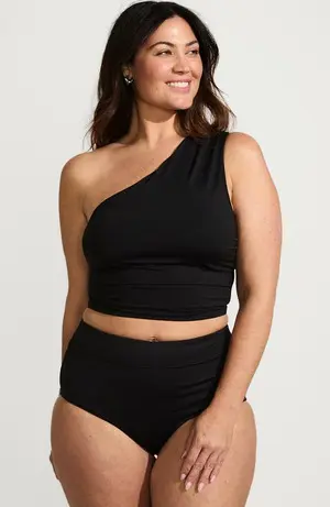 LANDS' END Ruched One-shoulder Midkini Swimsuit Top - Black