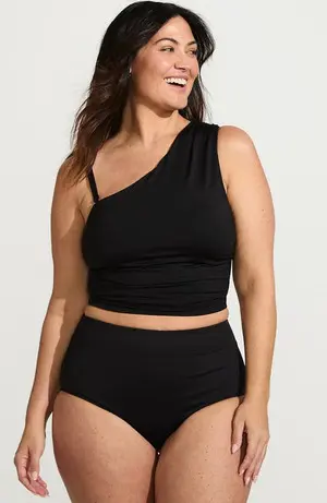 LANDS' END Ruched One Shoulder Tankini Top - Black