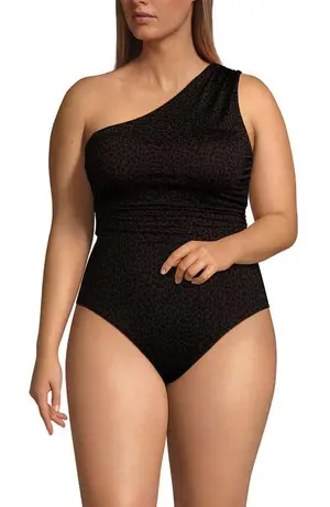 LANDS' END Ruched One-Shoulder Midkini Swimsuit Top Brown Leopard