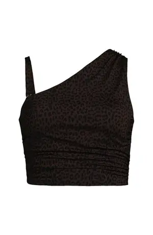LANDS' END Ruched One Shoulder Tankini Top - Brown Leopard
