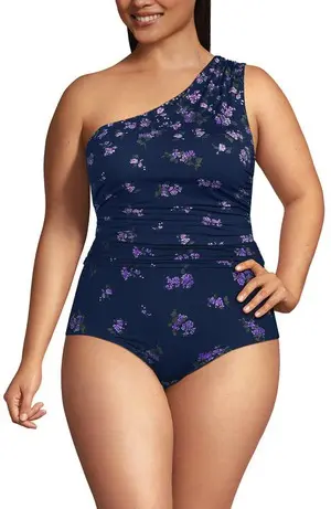 LANDS' END Ruched One Shoulder Tankini Top - Navy Bouquet Cascade Floral