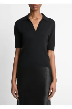 Vince Cashmere-Silk Short-Sleeve Polo Sweater - Black