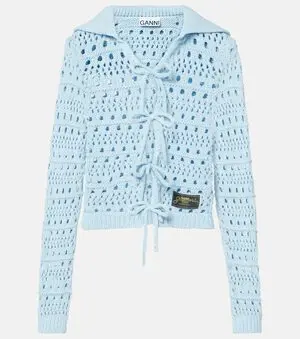 GANNI Open-knit Cotton-blend Cardigan - Blue