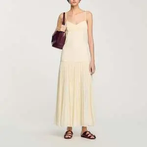 Sandro Pleated Maxi Dress With Spaghetti Straps - Ecru