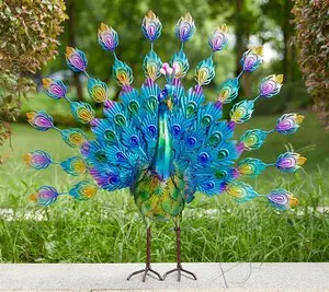 GLITZHOME 29'w Peacock Open Tail Garden Statue Ith Stakes